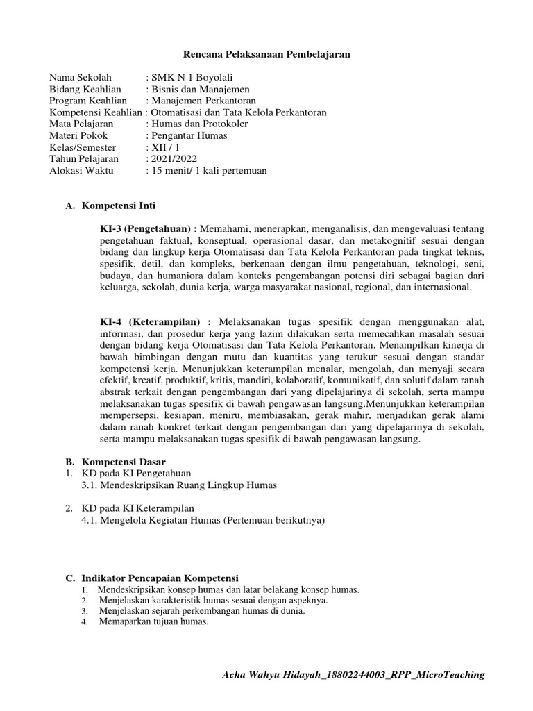 RPP Micro Teaching - Humas Protokoler - Acha Wahyu Hidayah ...