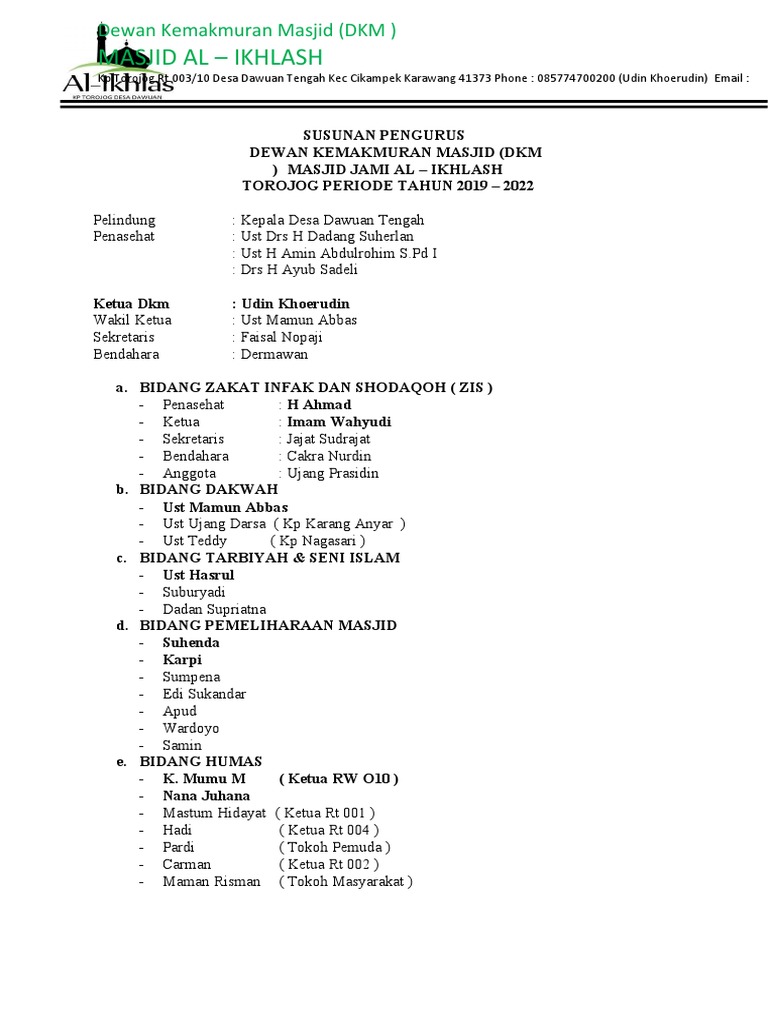 Susunan Pengurus DKM 2019 - 2022 | PDF