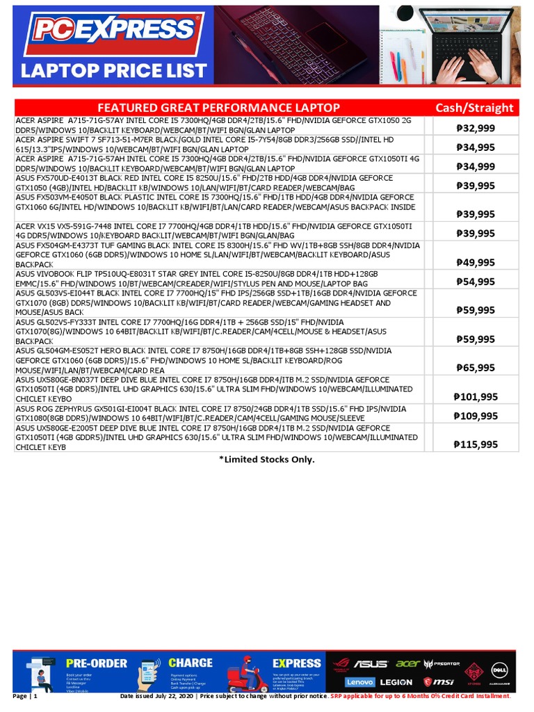 Laptop Pricelist July 2020 | PDF | Laptop | Hdmi
