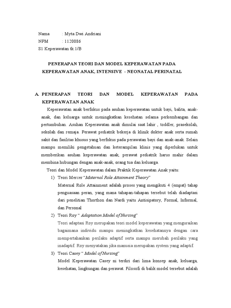PENERAPAN TEORI DAN MODEL KEPERAWATAN PADA KEPERAWATAN ANAK Resume ...
