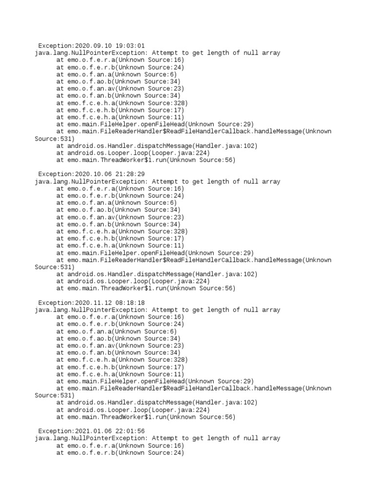 Collection of NullPointerExceptions from an Android Application | PDF | Java (Programming ...