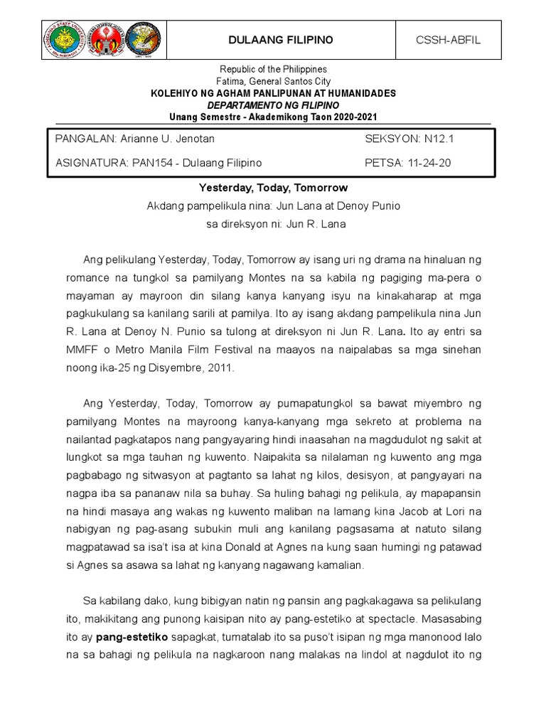 Yesterday, Today, Tomorrow - Panunuring Pampelikula | PDF