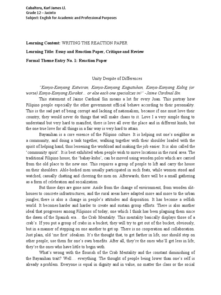 Learning Content: Writing The Reaction Paper Learning Title: Essay and ...