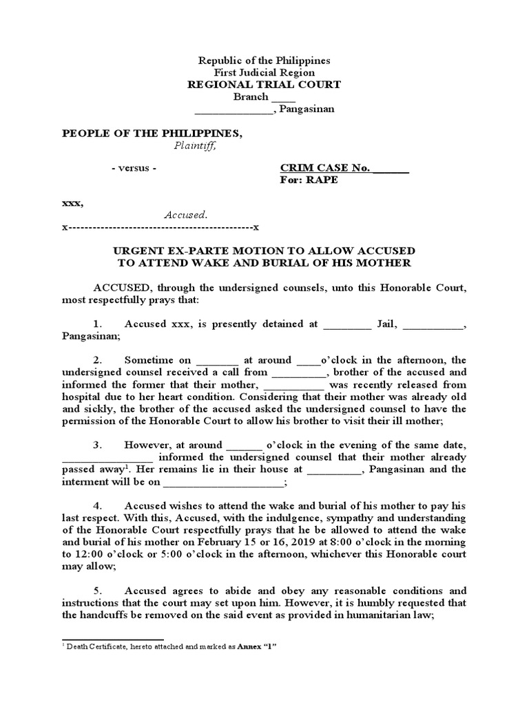 Urgent Ex-Parte Motion To Allow Accused | PDF | Courts | Public Sphere