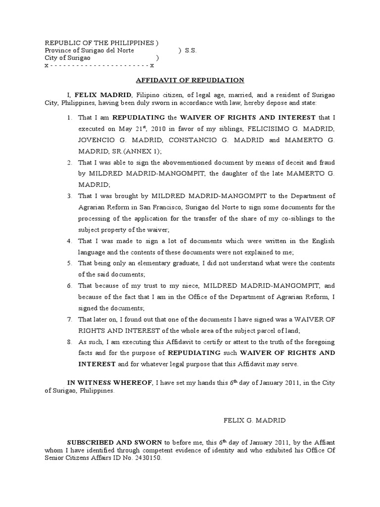 Affidavit of Repudiation - Felix Madrid | PDF