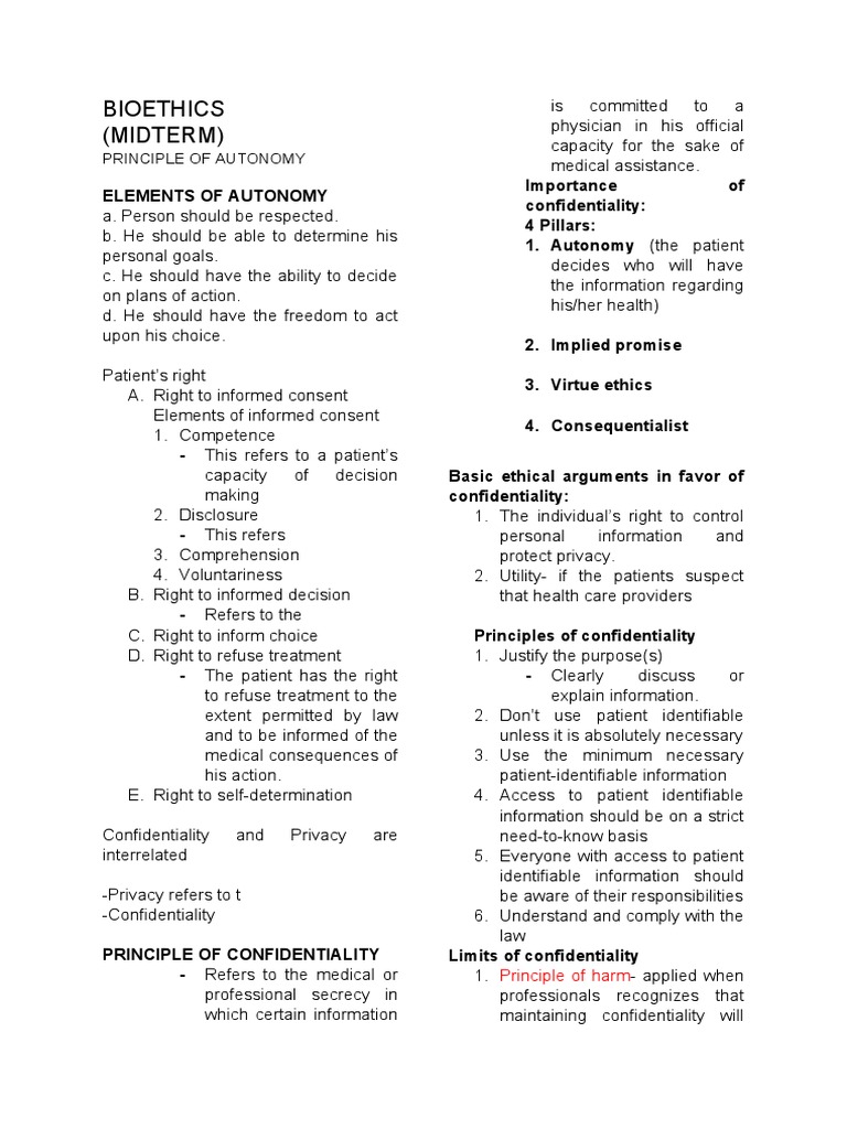 Bioethics (Midterm) : Principle of Autonomy | PDF | Confidentiality ...