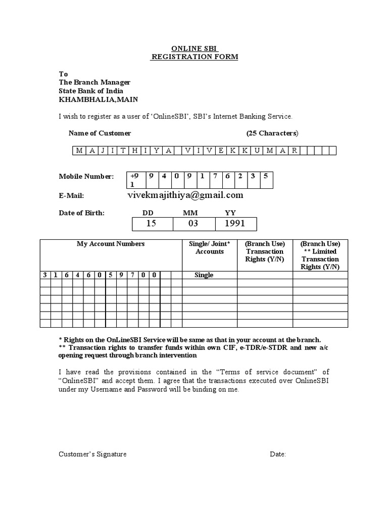 Online Sbi Registration Form To The Branch Manager State Bank of India ...
