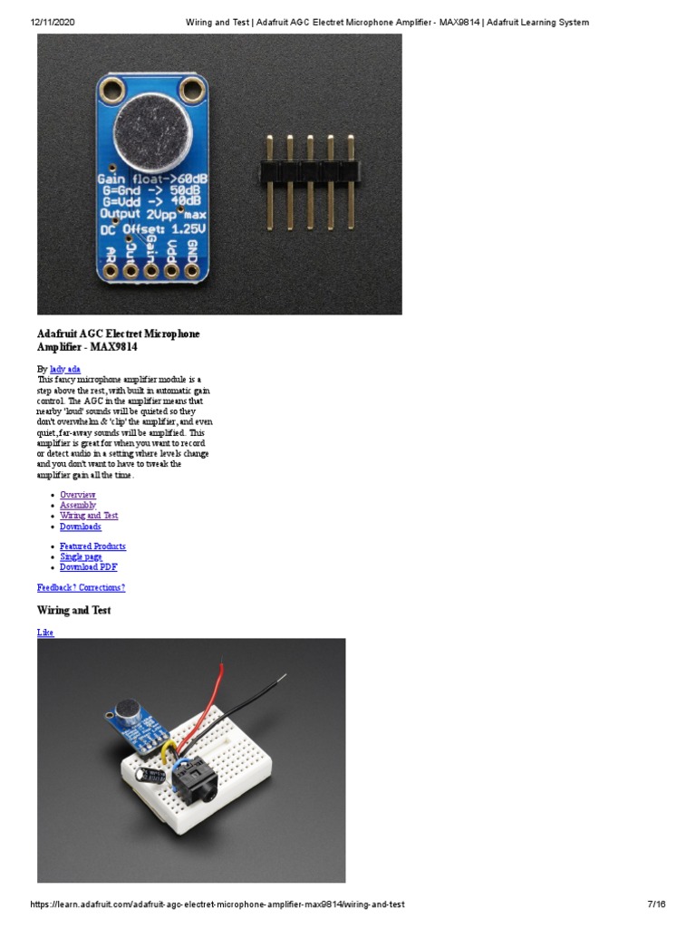 Wiring and Test - Adafruit AGC Electret Microphone Amplifier - MAX9814 ...