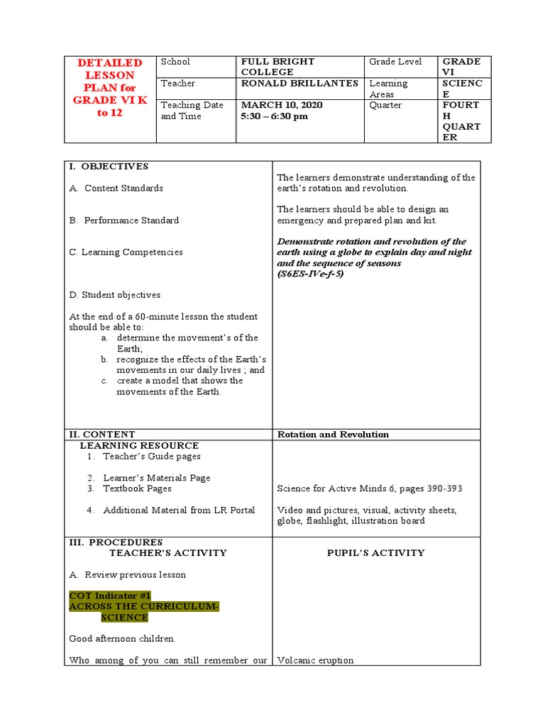 Detailed Lesson PLAN For Grade Vi K To 12 | PDF | Volcano | Types Of ...