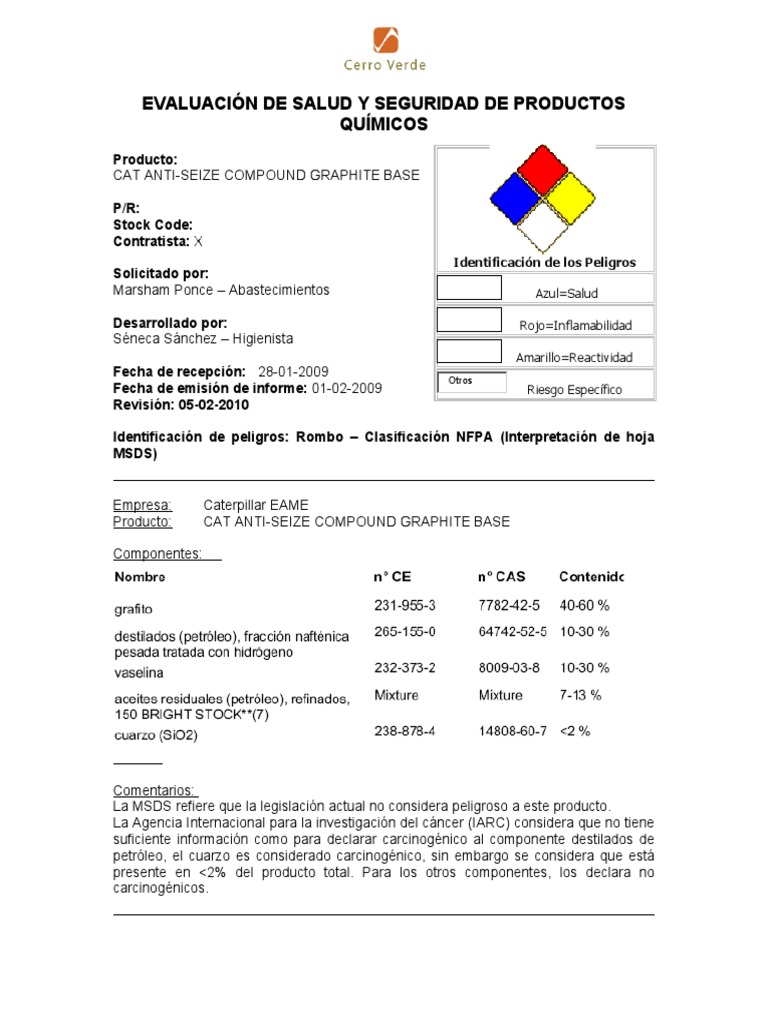 Eval. Salud y Seguridad Cat Anti-Seize Compound Graphite Base | PDF