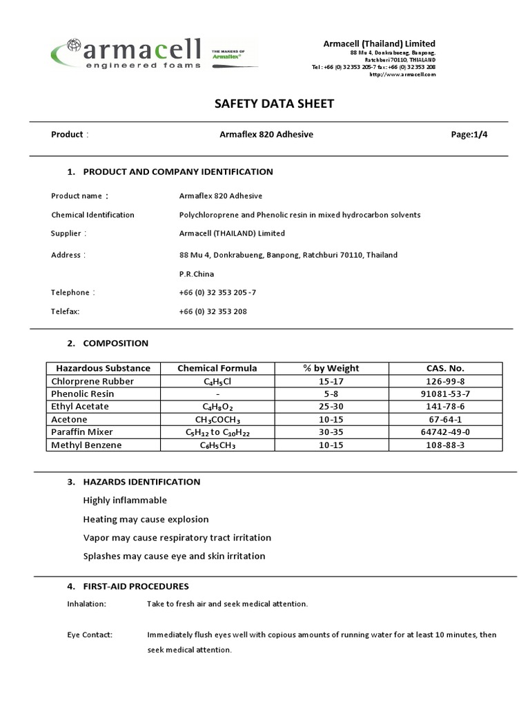 Safety Data Sheet for Armaflex 820 Adhesive Provides Key Information on ...