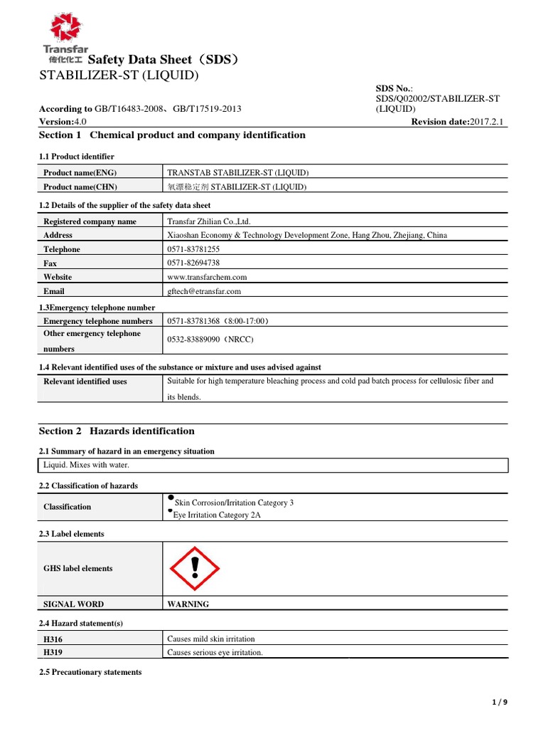 Safety Data Sheet SDS for STABILIZER-ST Liquid | PDF | Toxicity | Dangerous Goods