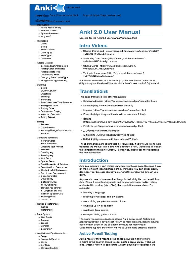 Anki 2.0 User Manual: Intro Videos | PDF | Software | Computing