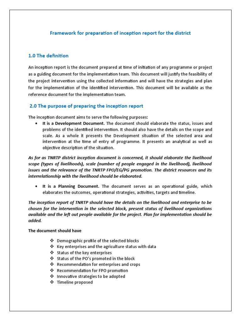 Framework For Preparation of Inception Report For The District | PDF ...