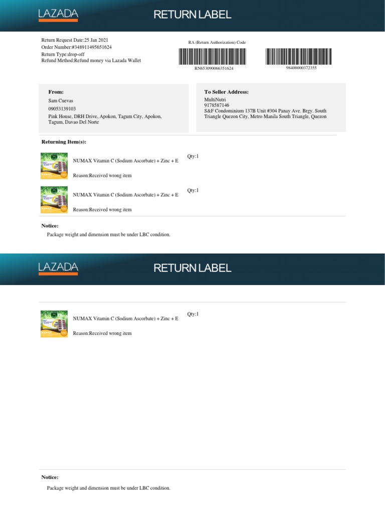 Returnlabel: To Seller Address: From | PDF