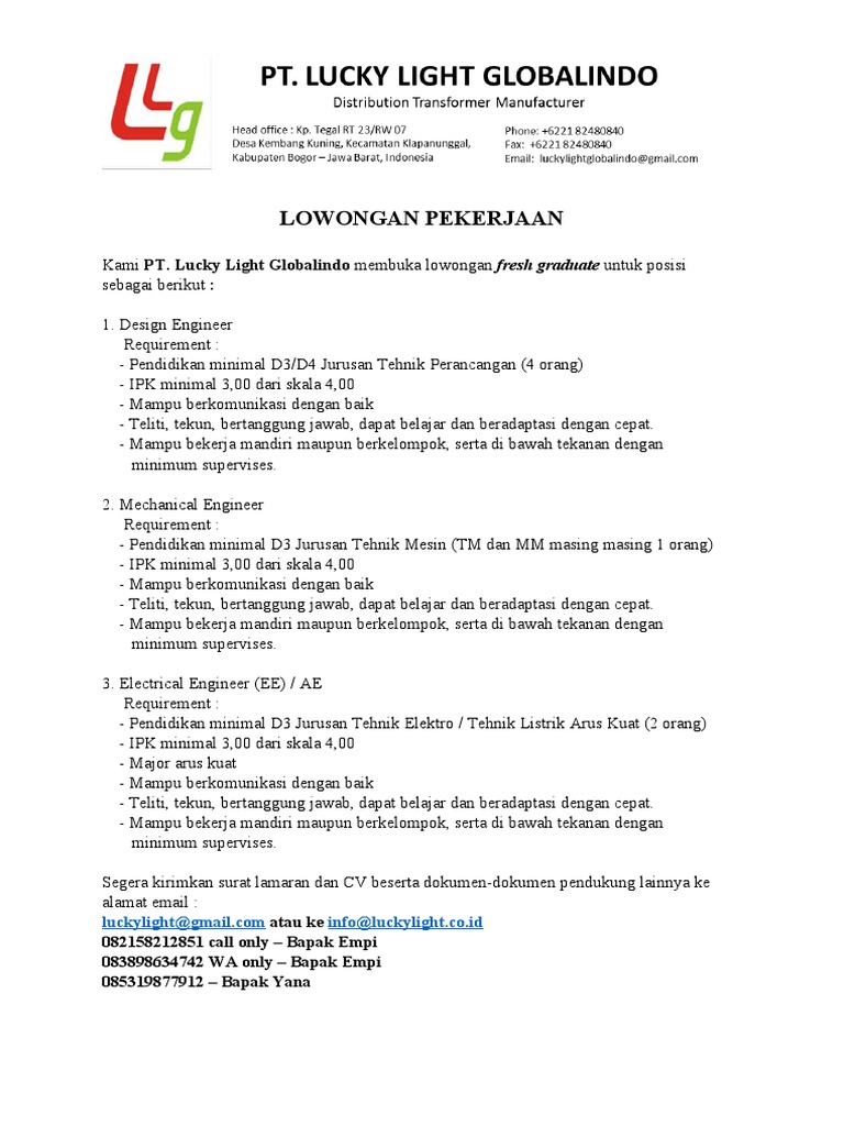 Info Lowongan Kerja PT Lucky Light Globalindo Untuk POLMAN | PDF