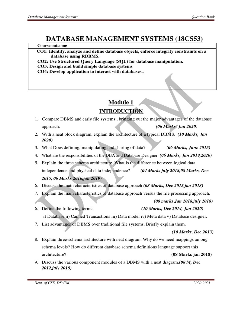 Database Management Systems (18Cs53) : Course Outcome | PDF | Relational Database | Sql