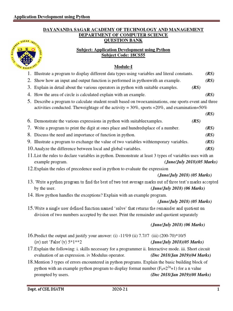 Application Development Using Python: Dept. of CSE, DSATM 2020-21 1 | PDF | Regular Expression ...