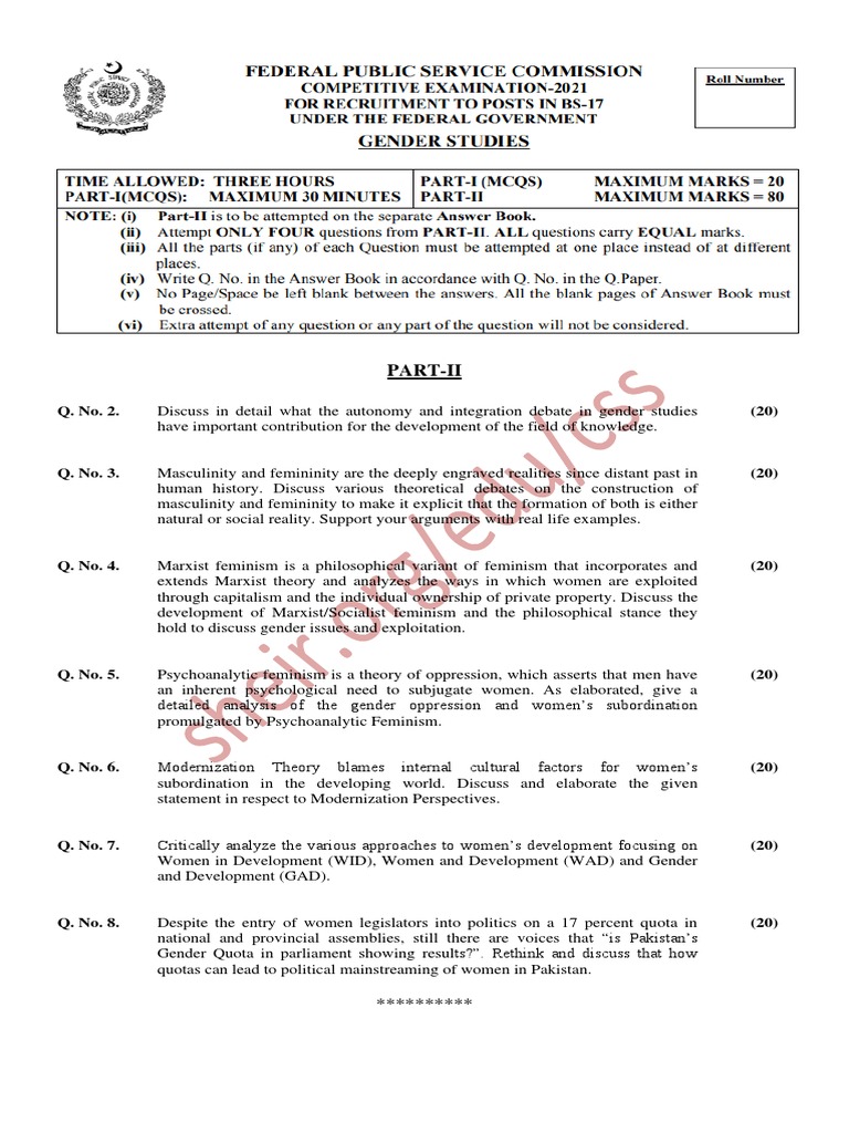 Gender Studies CSS Paper 2021 | PDF