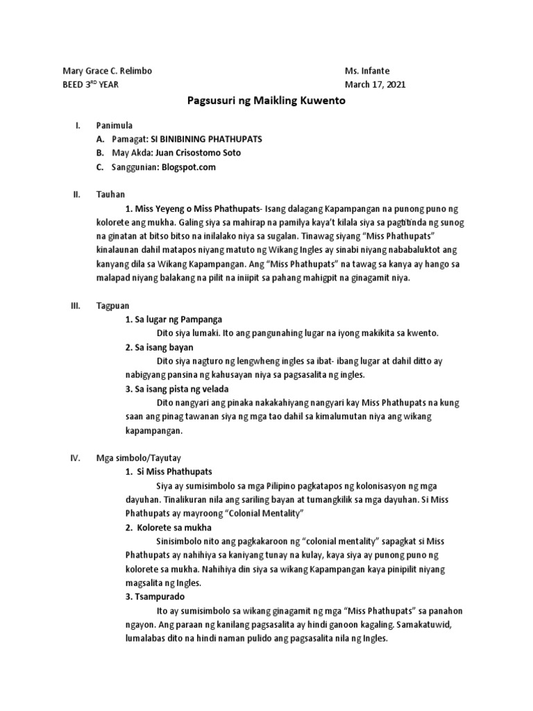 Pagsusuri NG Kwentong Miss Phathupats | PDF