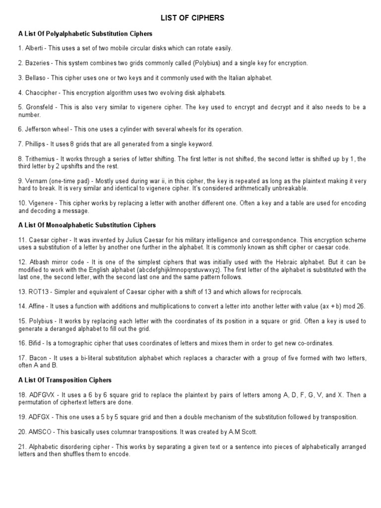 List of Ciphers | PDF | Cipher | Computer Security
