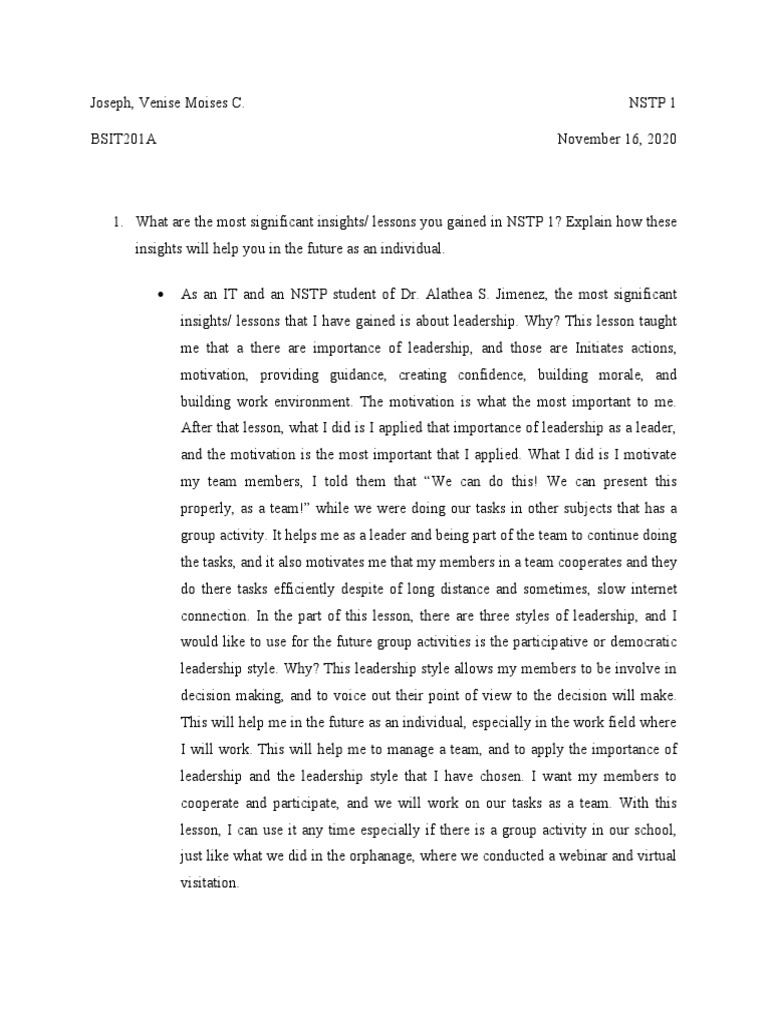 NSTP 1 - Reflection - Paper - Joseph - Venise Moises | PDF | Leadership ...