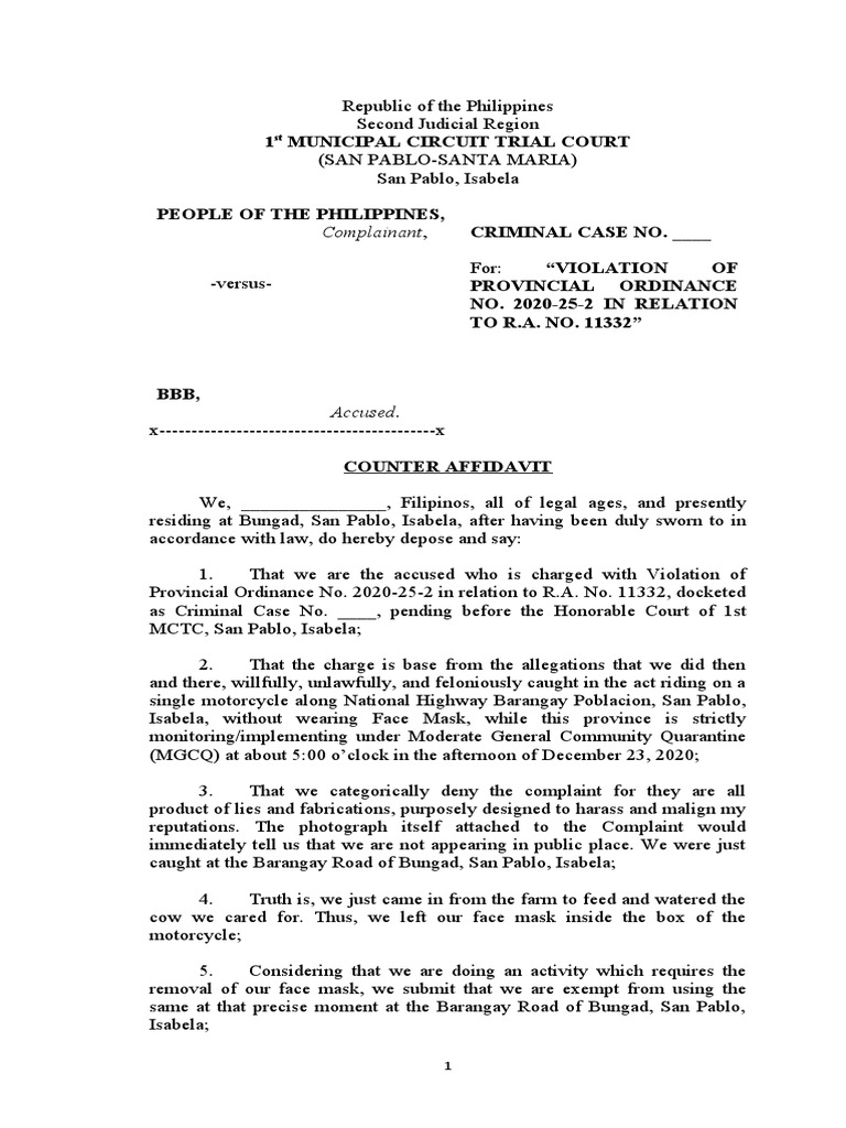 Counter-Affidavit-RA 11332-No Facemask | PDF | Affidavit | Public Law