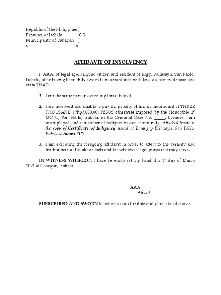 Affidavit of Insolvency | PDF