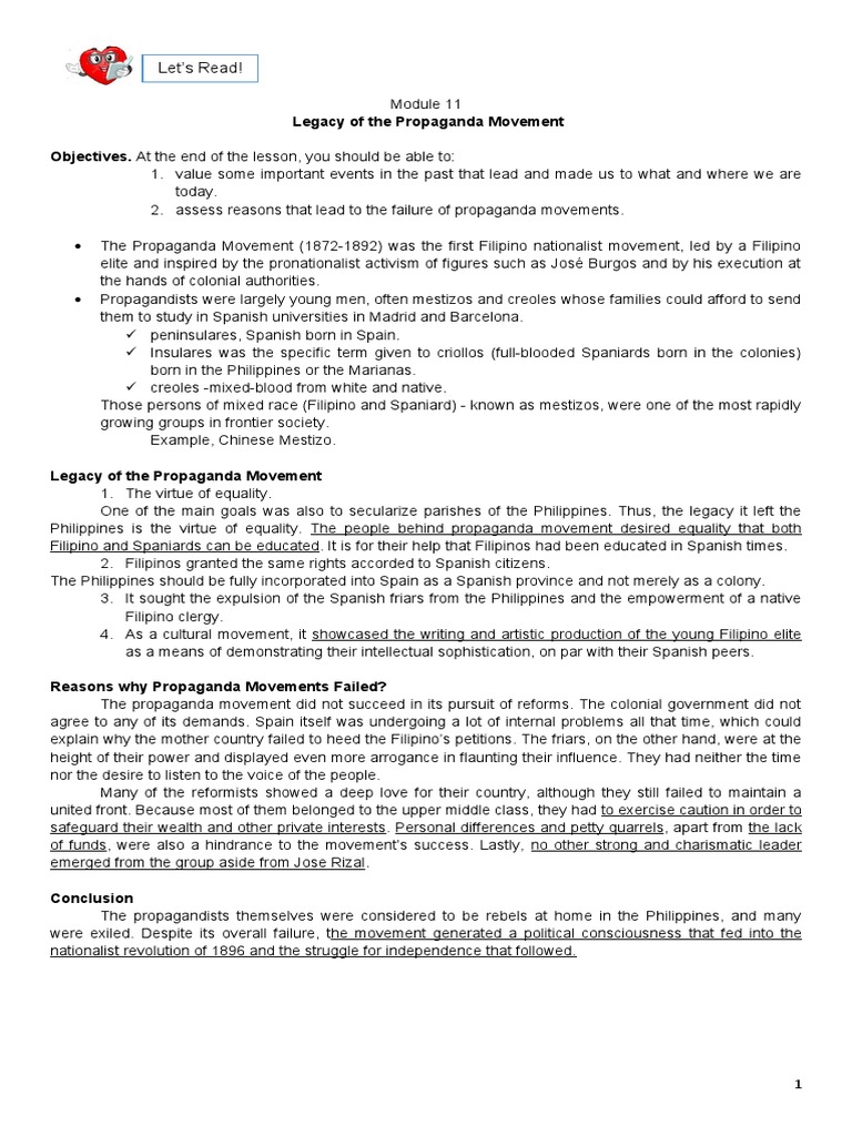 Let's Read!: Legacy of The Propaganda Movement Objectives. at The End ...