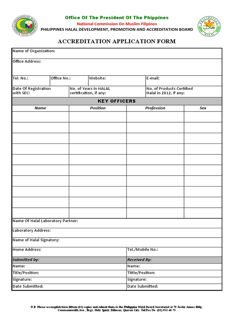 Accreditation Application Form: Philippines Halal Development, Promotion and Accreditation Board ...