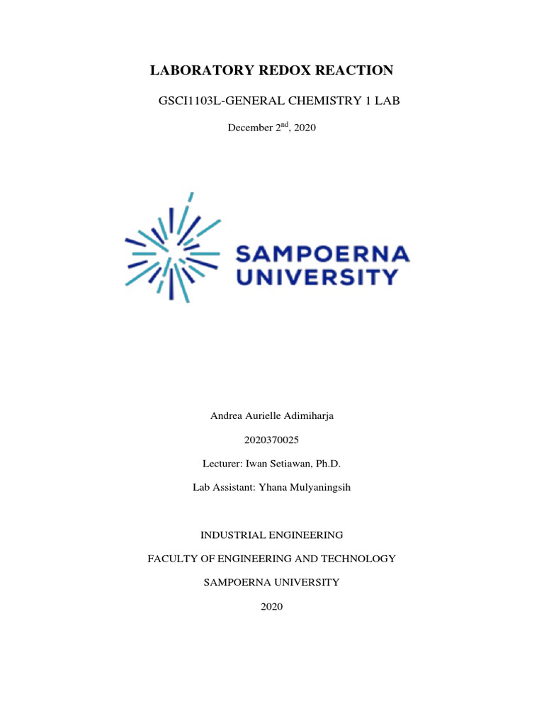 Laboratory Redox Reaction: Gsci1103L-General Chemistry 1 Lab | Download ...