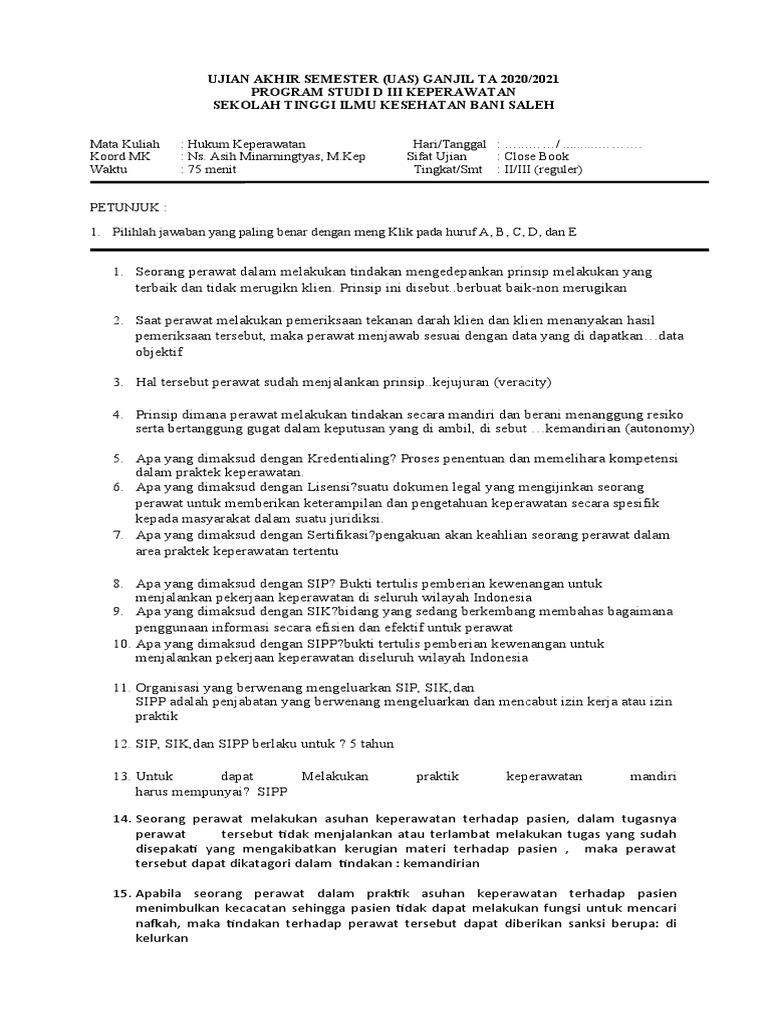 Ujian Akhir Semester (Uas) Ganjil Ta 2020/2021 Program Studi D Iii Keperawatan Sekolah Tinggi ...