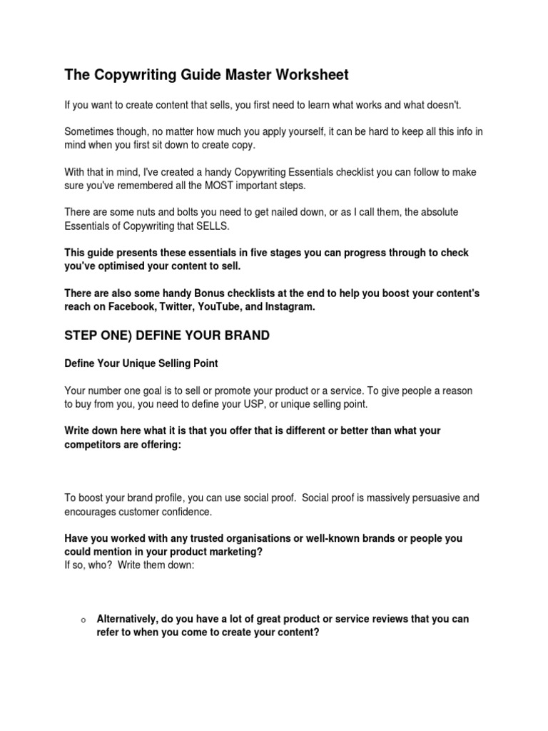 The Copywriting Guide Master Worksheet: Step One) Define Your Brand ...