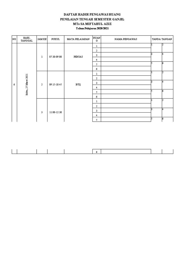 Daftar Hadir Pengawas Ruang PTS 2021 | PDF