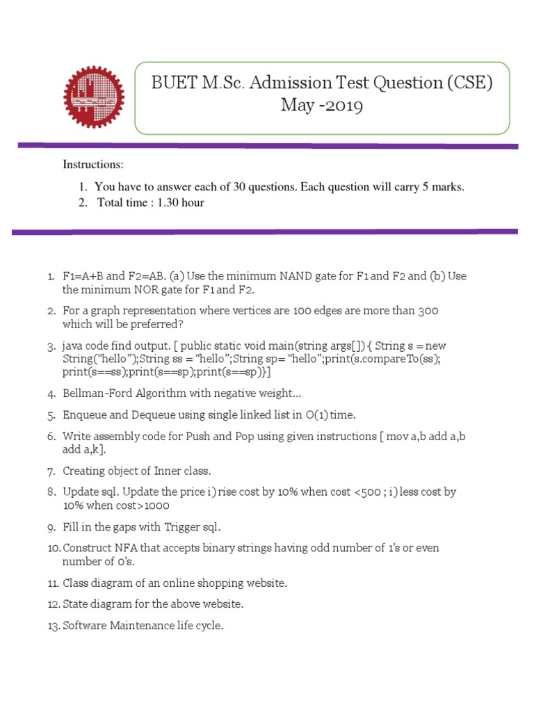 BUET M.Sc. Admission Test Question (CSE) May - 2019 | PDF | String ...