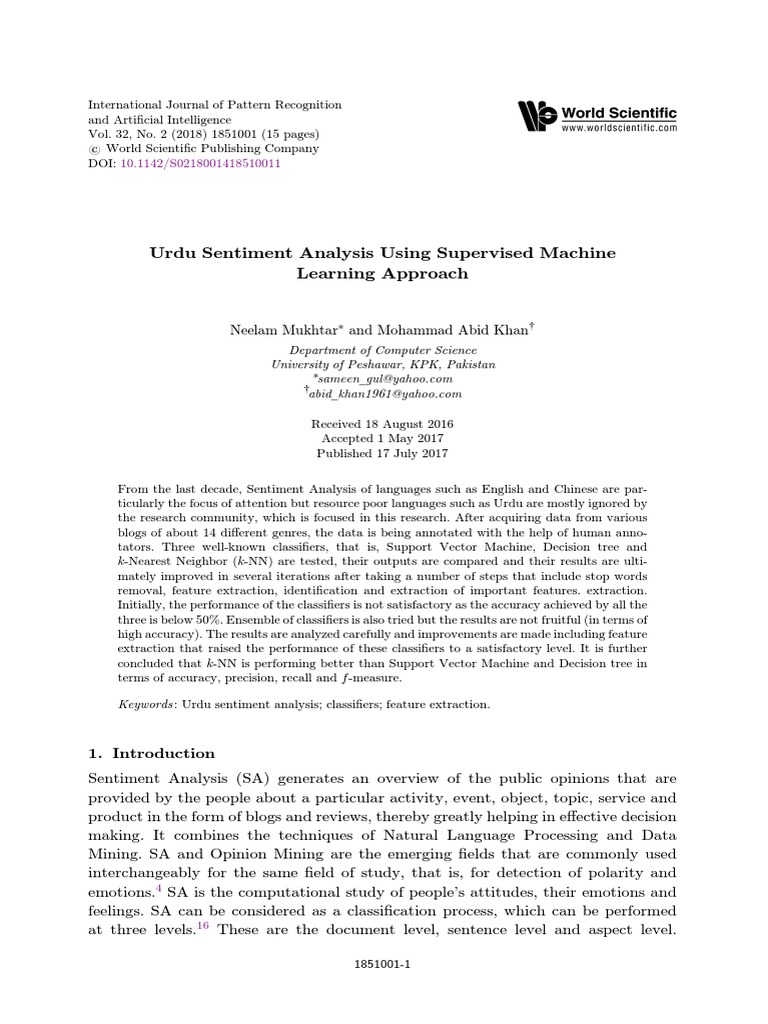 Urdu Sentiment Analysis Using Supervised Machine Learning Approach | PDF | Machine Learning ...
