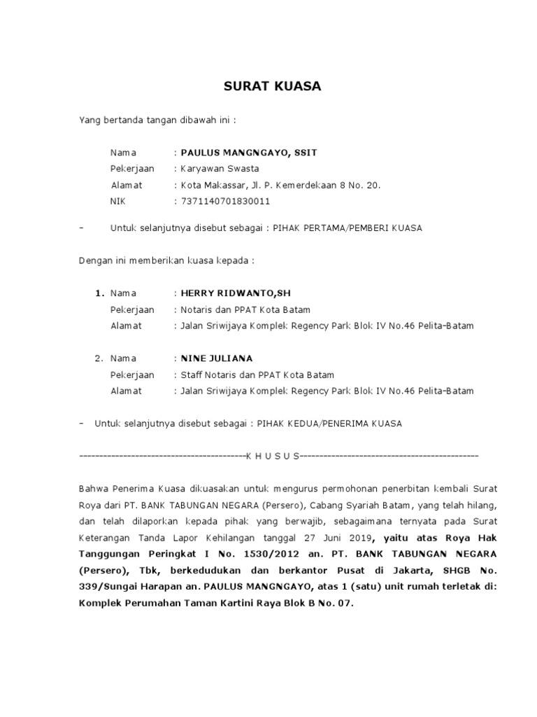 Surat Kuasa Penerbitan Roya Paulus | PDF