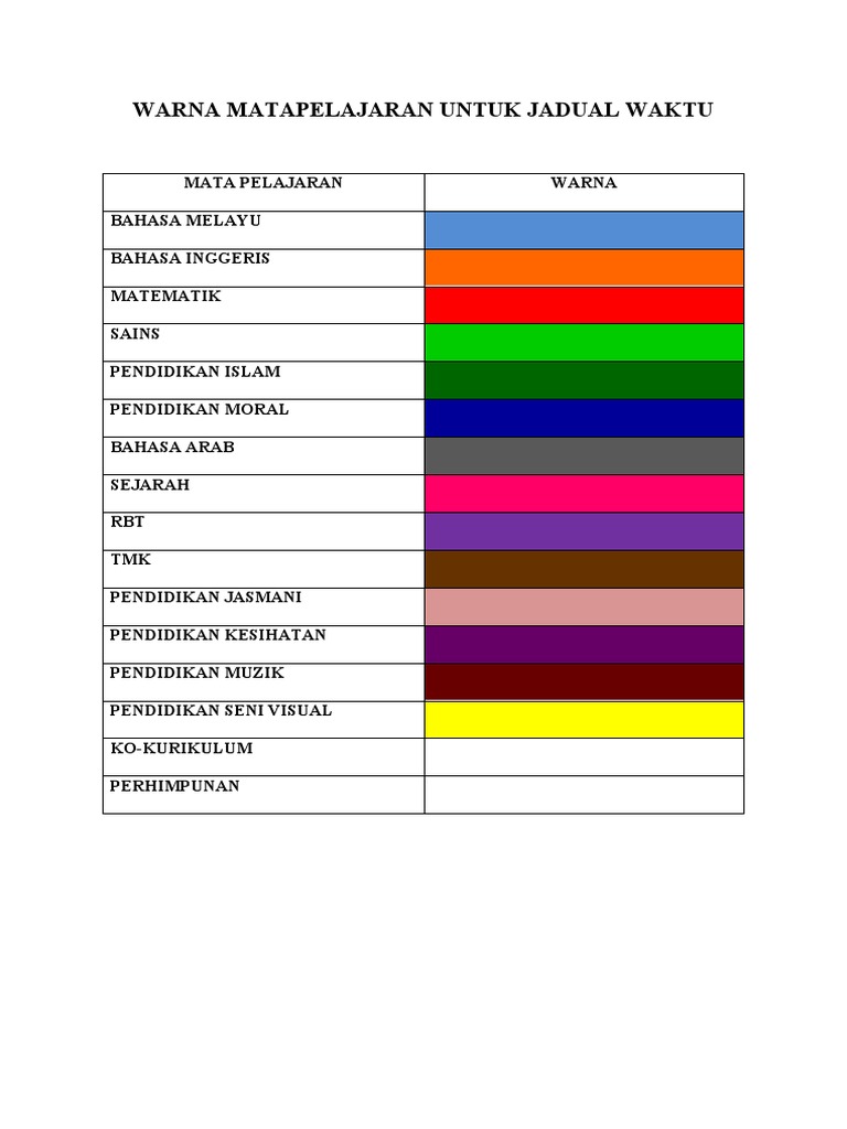 Warna Matapelajaran Untuk Jadual Waktu | PDF