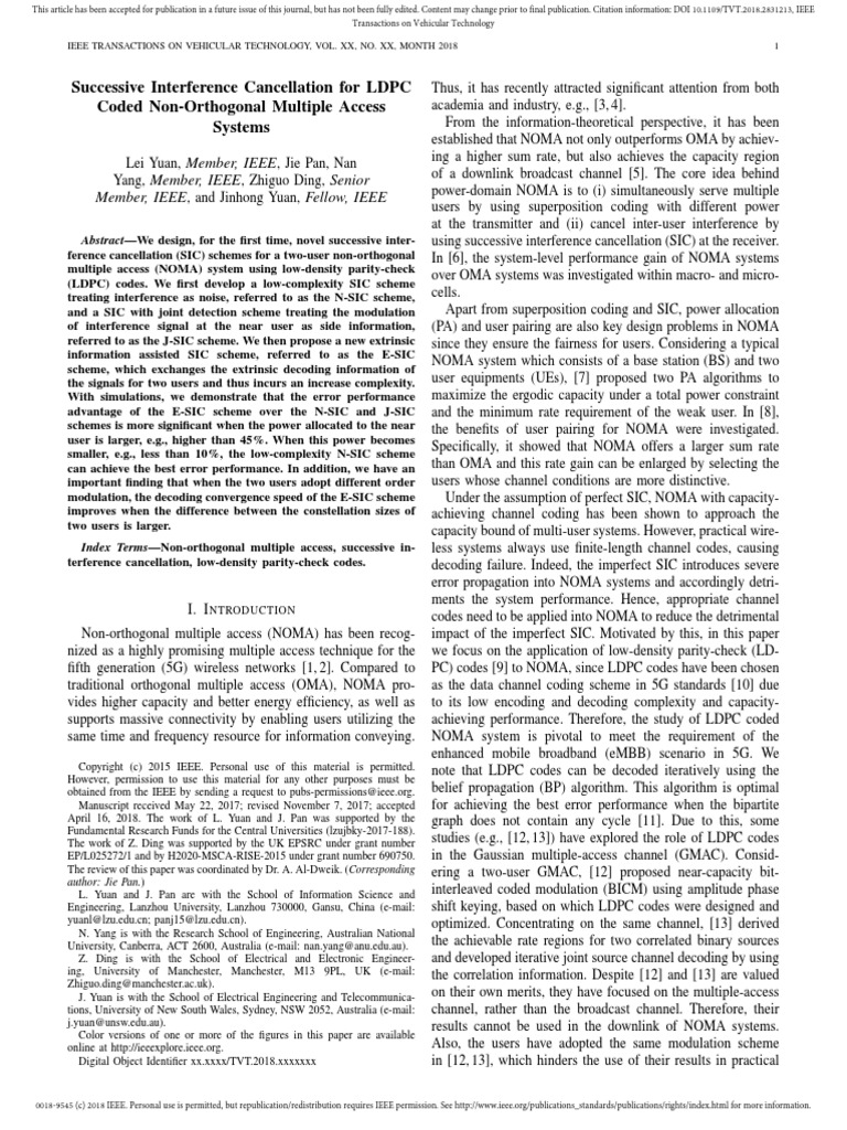 Successive Interference Cancellation For LDPC Coded Non-Orthogonal Multiple Access Systems | PDF ...