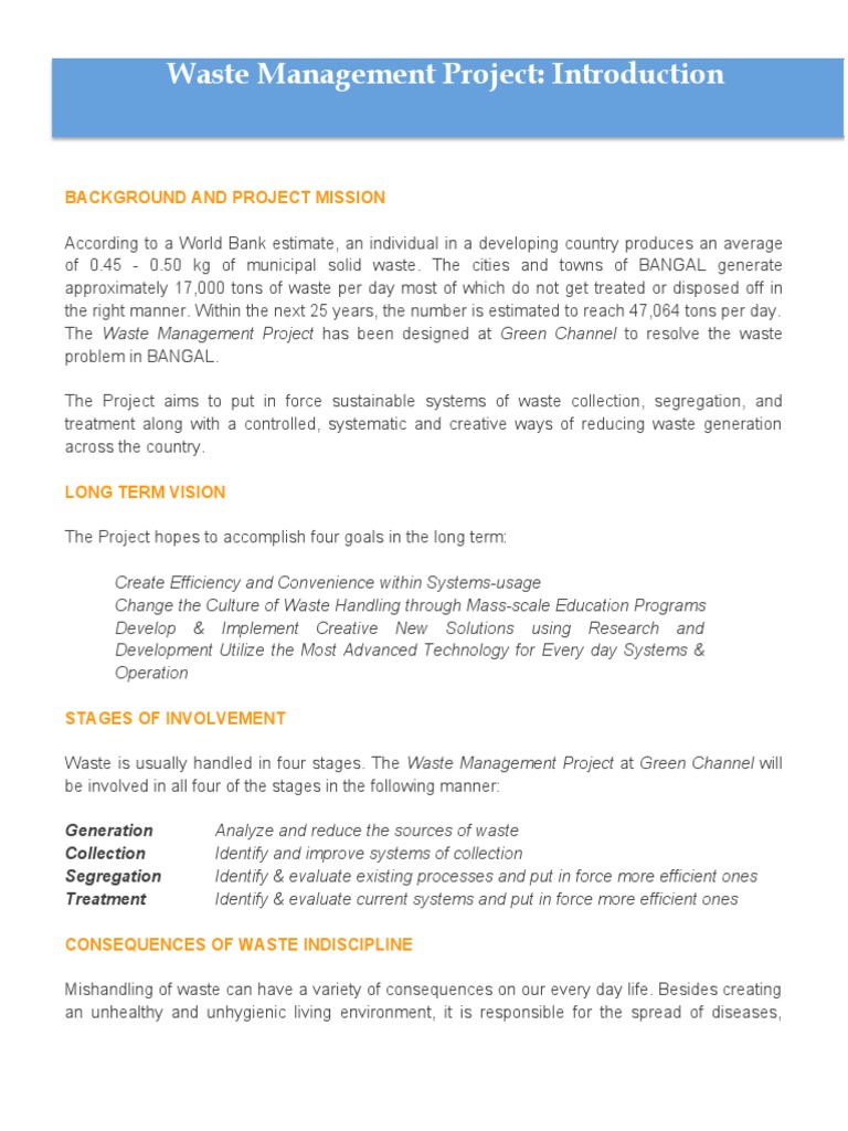Waste Management Project: Introduction: Background and Project Mission ...