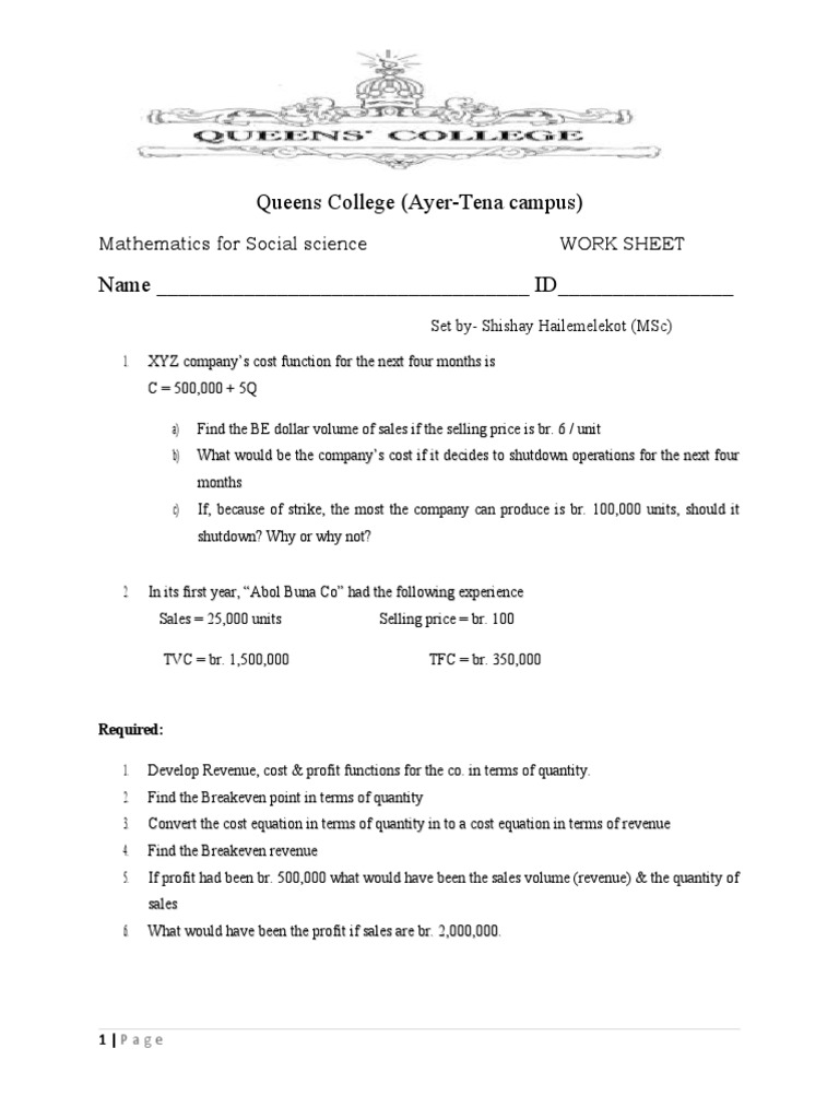 Queens College (Ayer-Tena Campus) : Mathematics For Social Science WORK ...