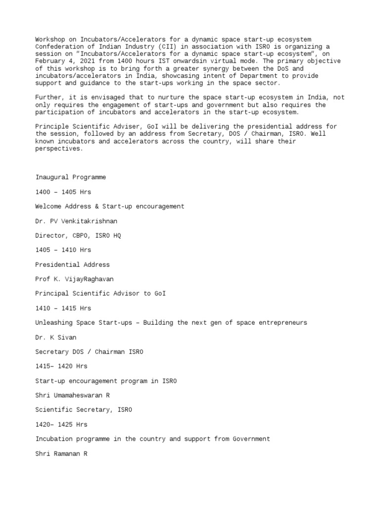 ISRO Workshop For Space Startup | PDF | Business Incubator | Startup ...