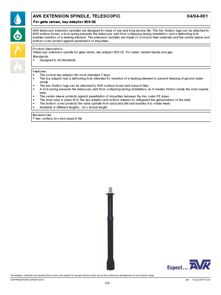 Avk Extension Spindle, Telescopic 04/04-001: For Gate Valves, Key ...
