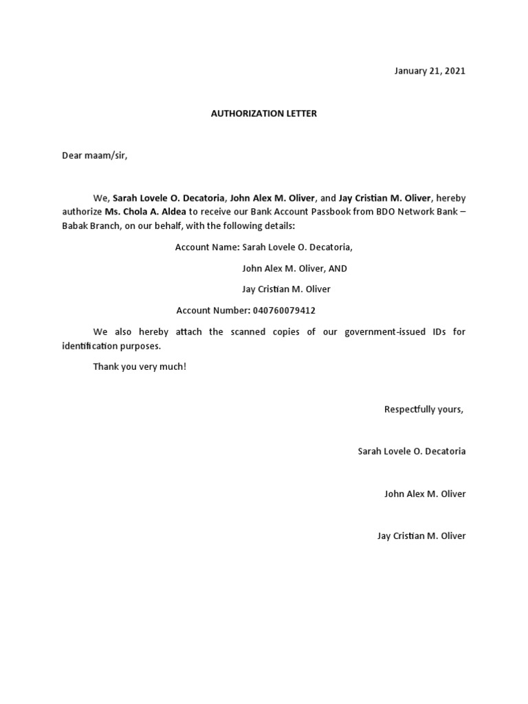 Authorization Letter Passbook | PDF