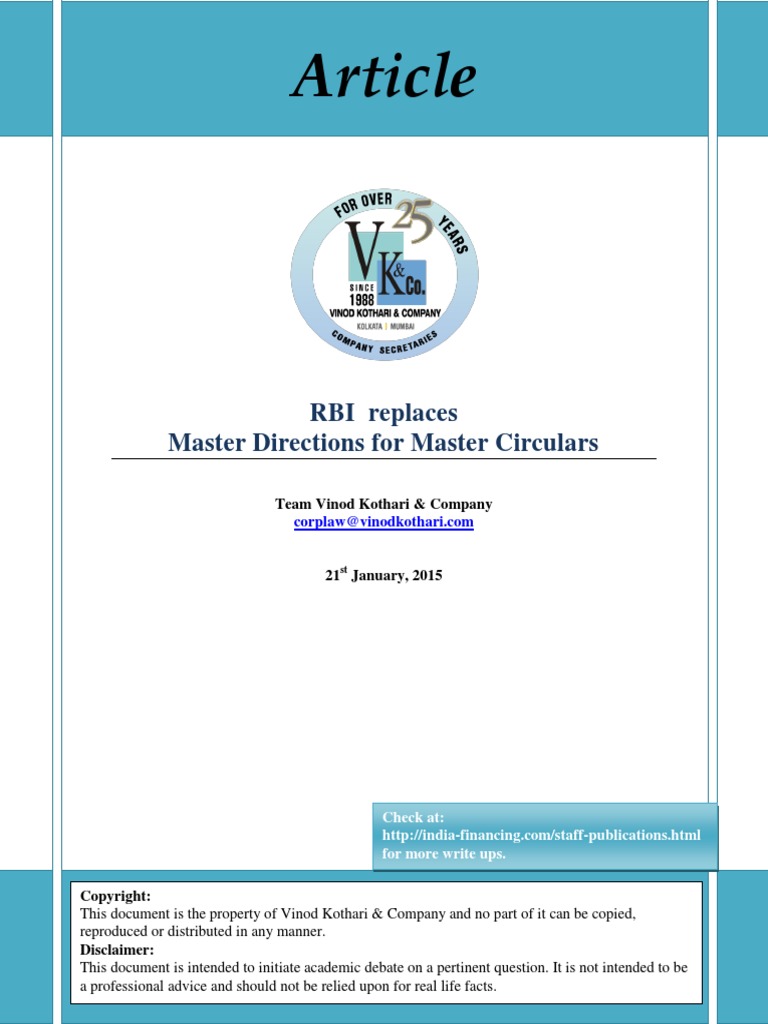 Article: RBI Replaces Master Directions For Master Circulars | PDF ...