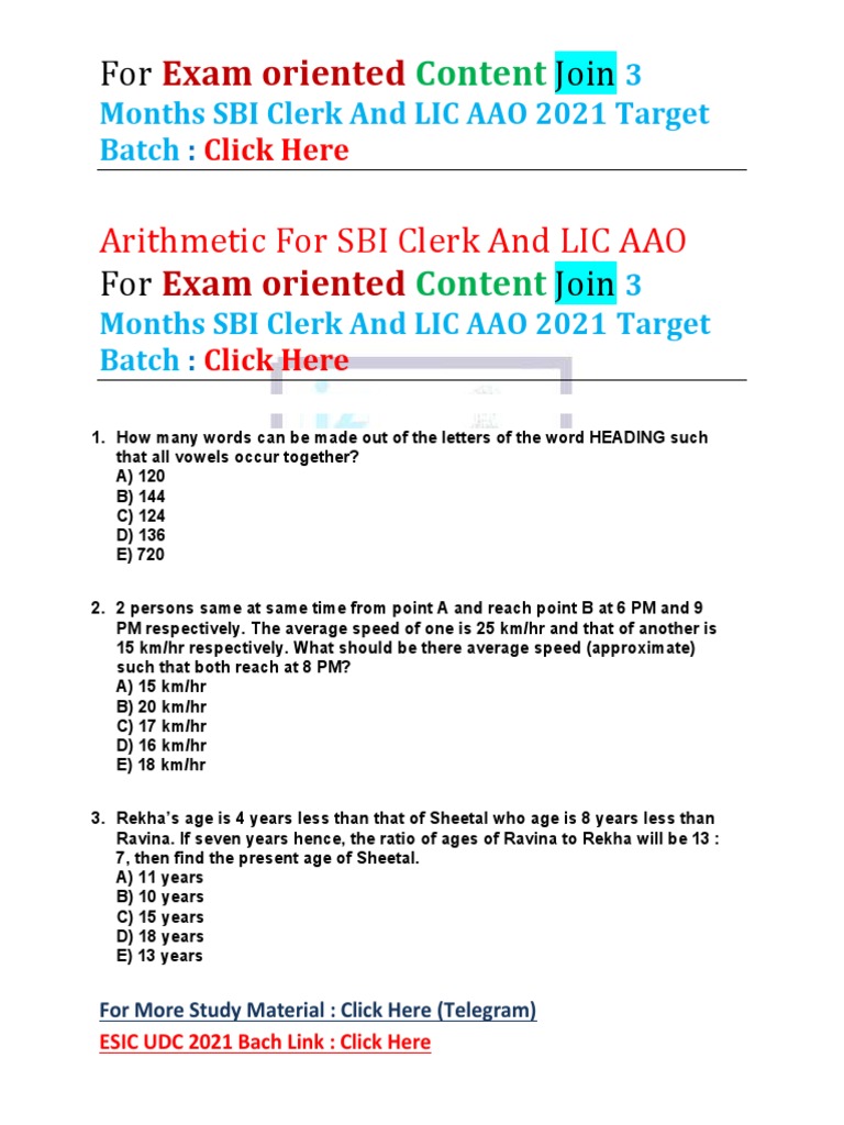 Arithmetic For SBI Clerk and LIC AAO: Exam Oriented | PDF | Teaching ...