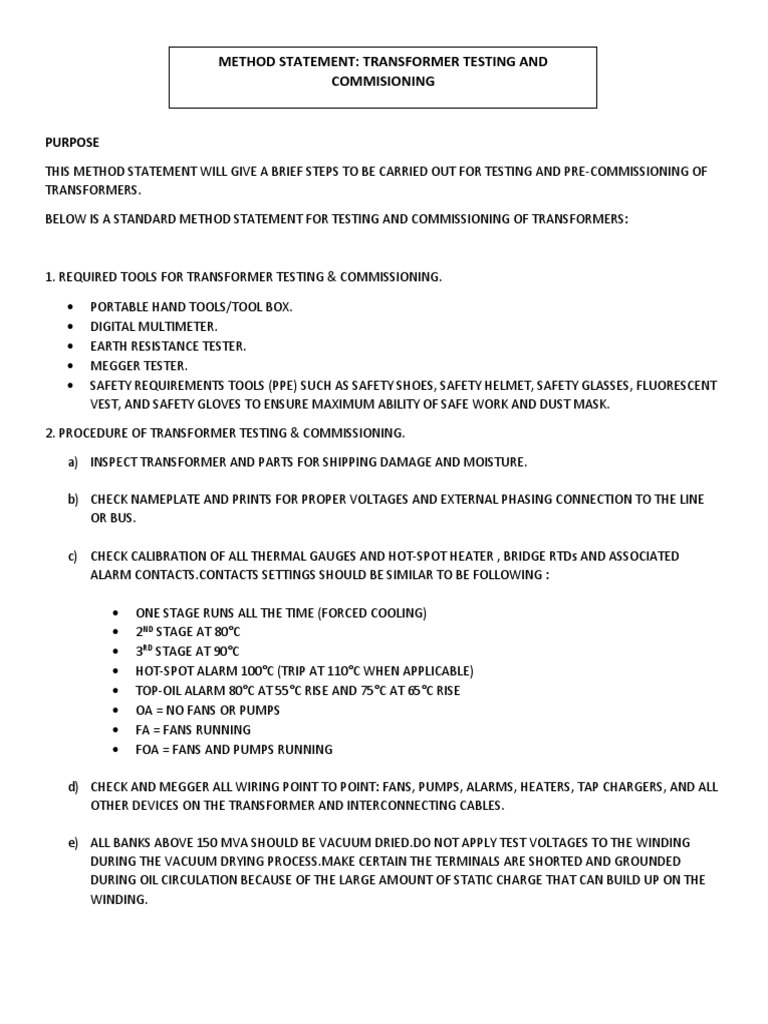 Method Statement Testing and Commisioning of Transformer | PDF ...