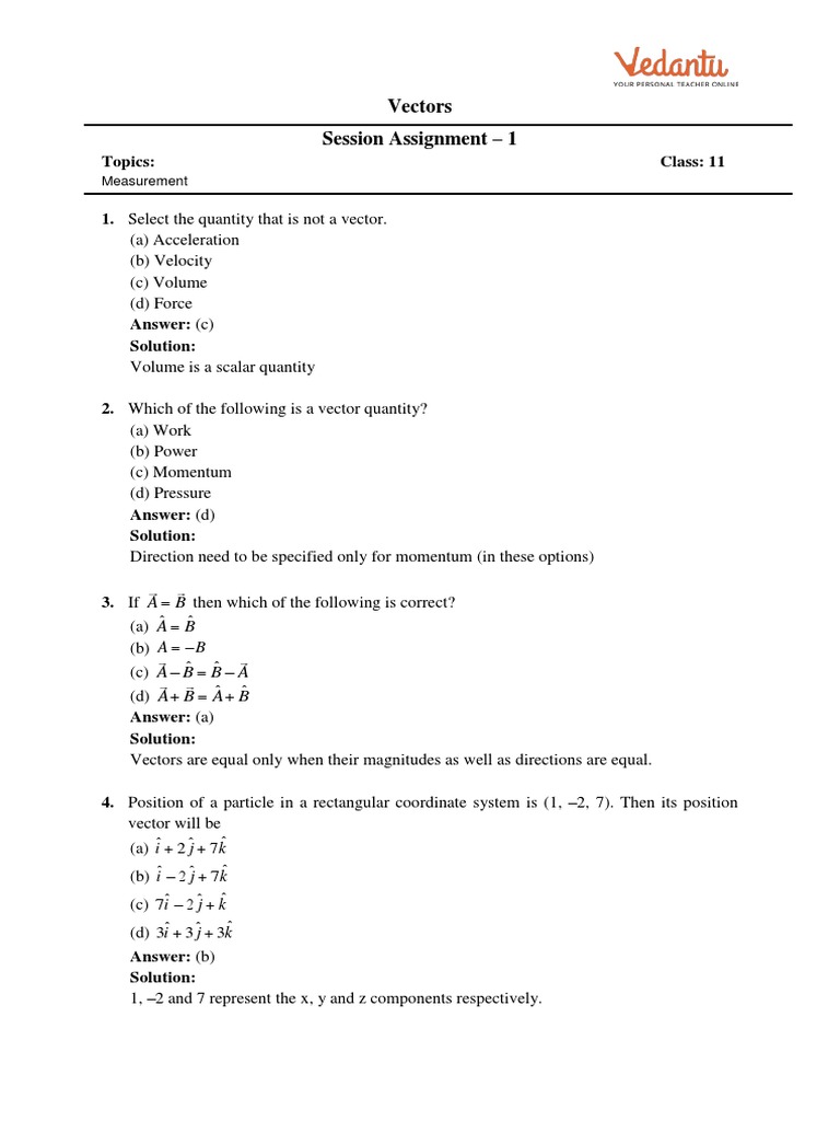Class 11 Vectors Assignment | PDF | Euclidean Vector | Momentum