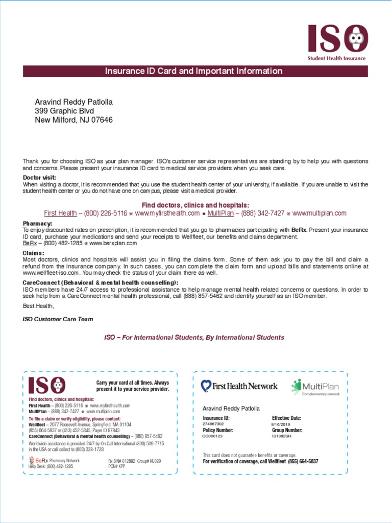 Insurance ID Card and Important Information: Aravind Reddy Patlolla 399 ...