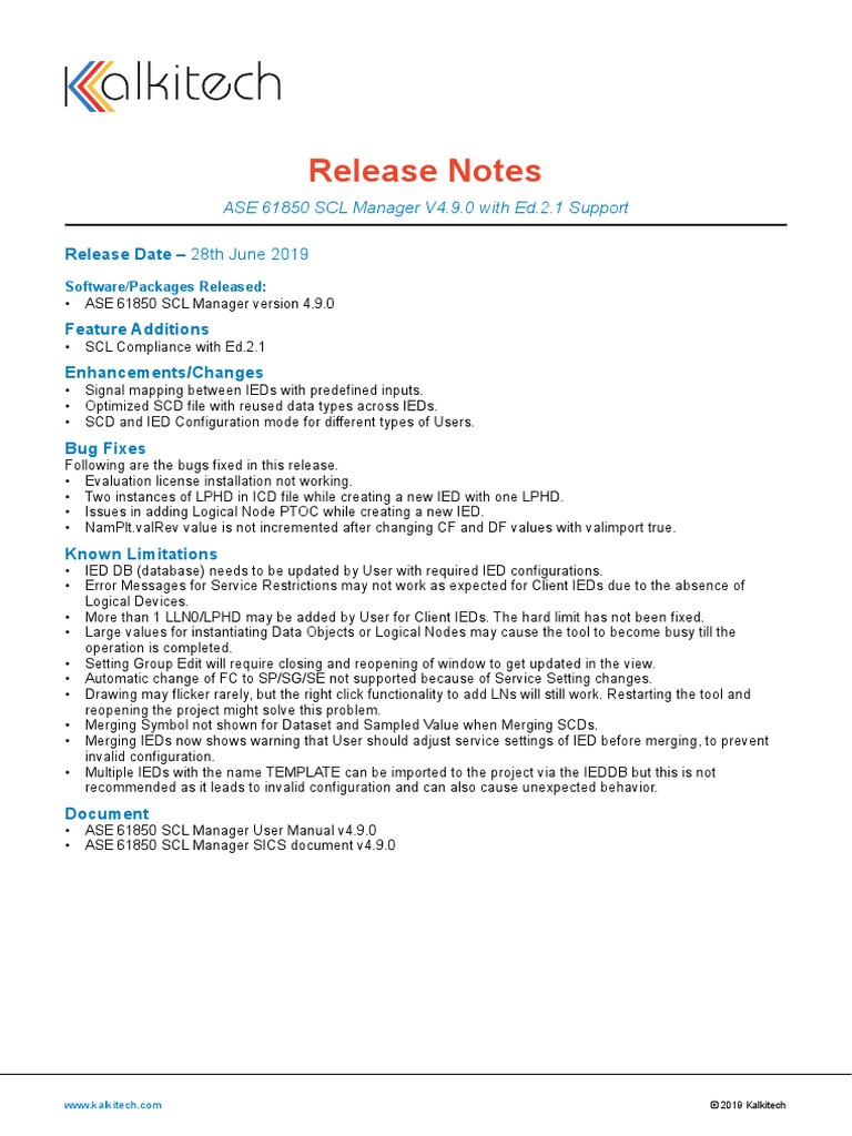 Release Notes-ASE 61850 SCL Manager V4.9.0 | PDF